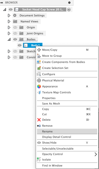 How to change the name of an object in the Fusion Browser