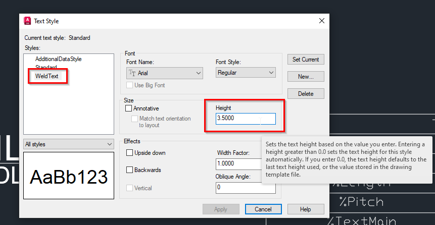 Customizing the text height for weld symbols in Advance Steel