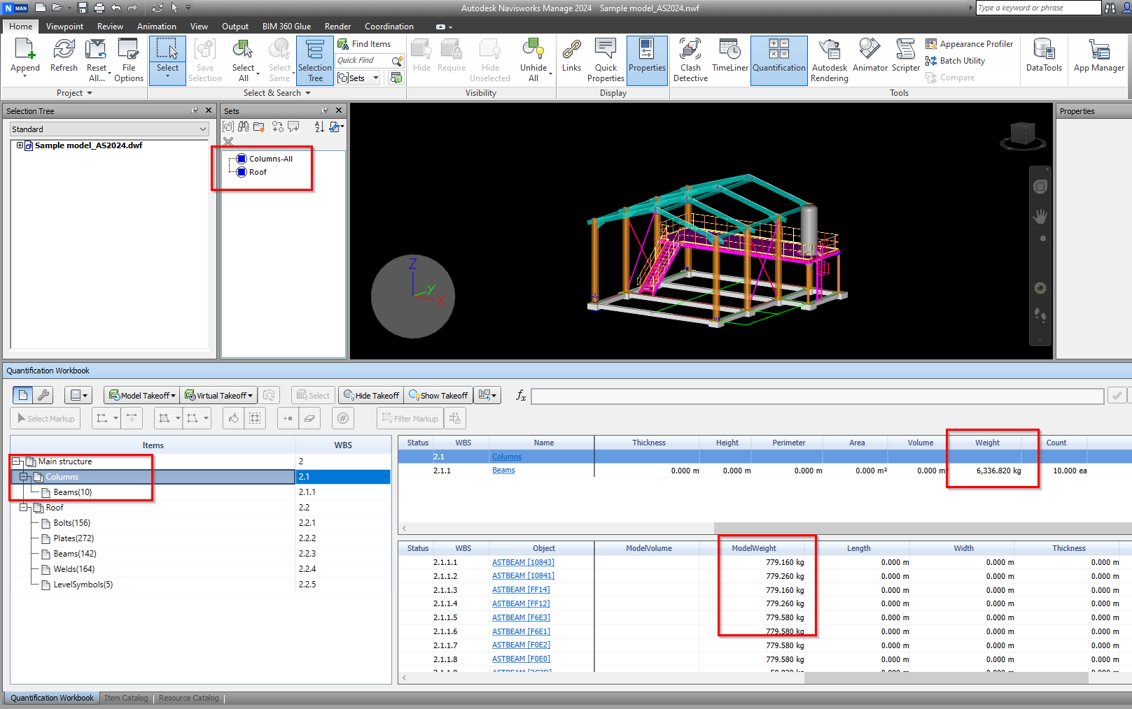 Total weight per steelwork set in Quantification in Navisworks