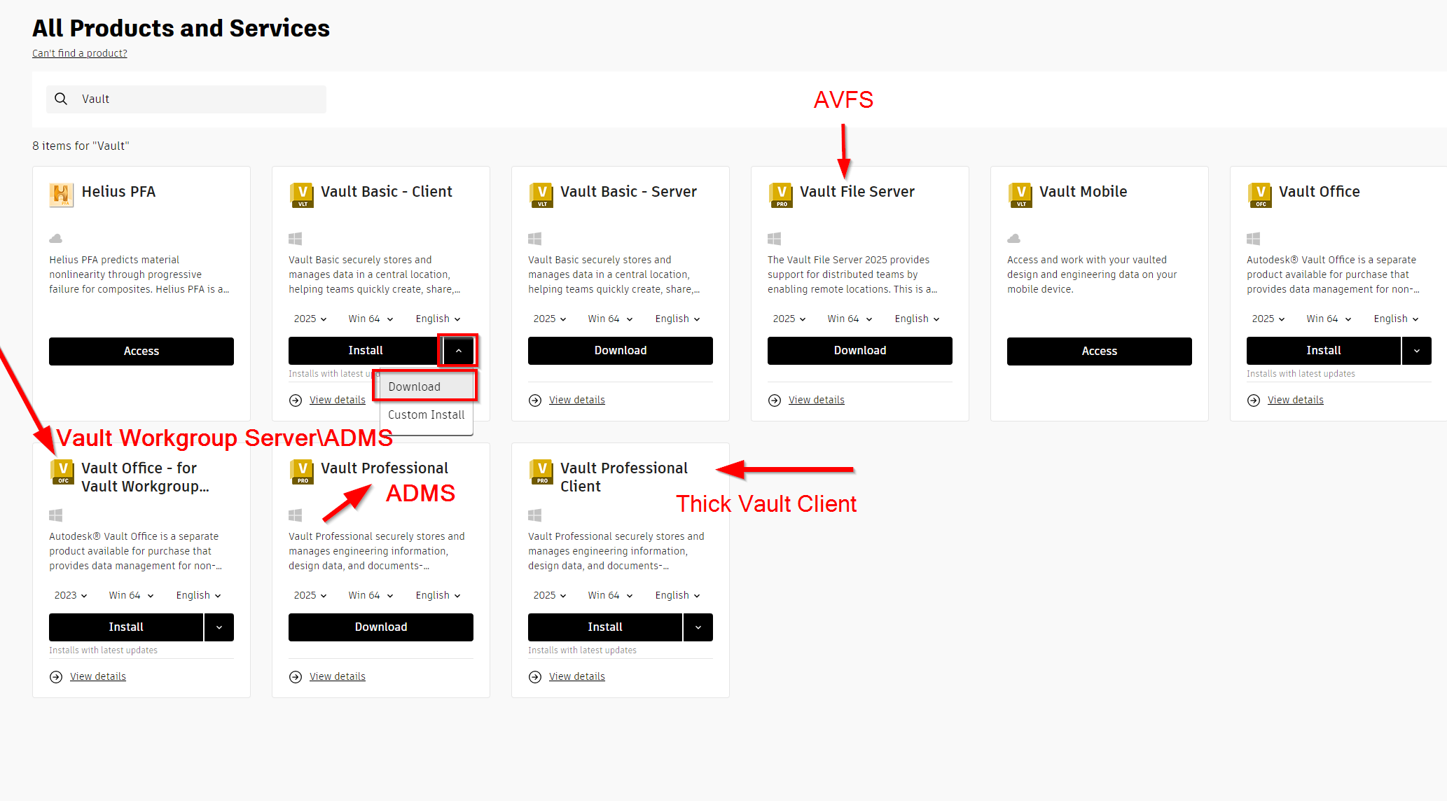 How to download Vault Server, Client and AVFS from Autodesk Accounts