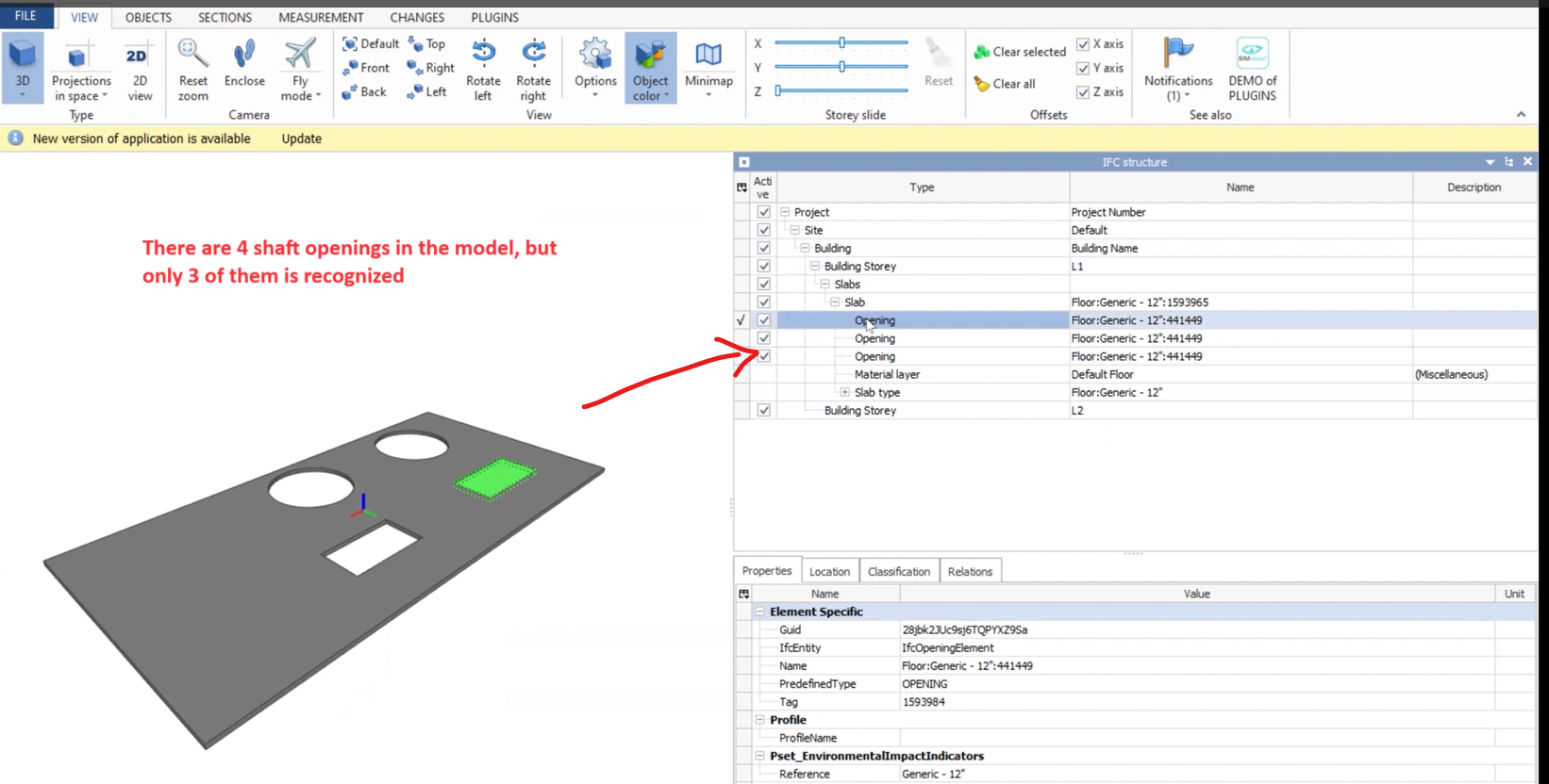 Shaft openings are not recognized in the IFC model from Revit 2024.2