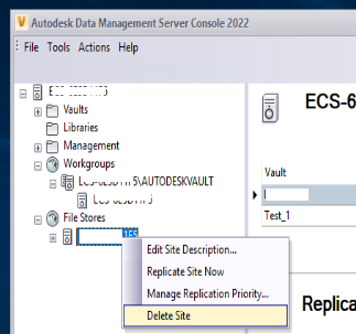How to remove Autodesk Vault File Server (AVFS) site in Vault?