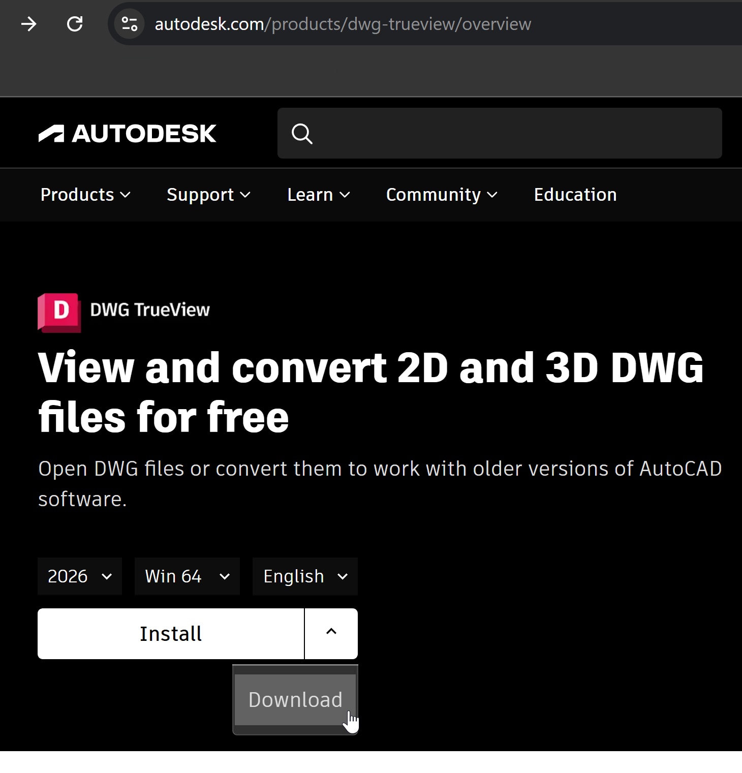オートデスクの Web ページから DWG TrueView をダウンロードできない