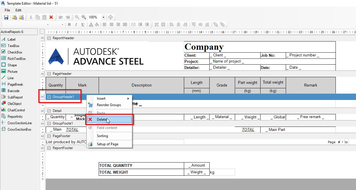 Material list with all parts in one group in Advance Steel