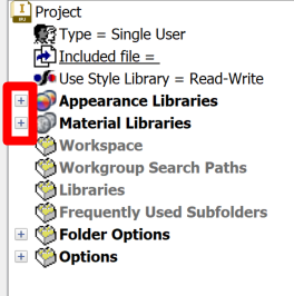 Materials of active library not shown in Inventor