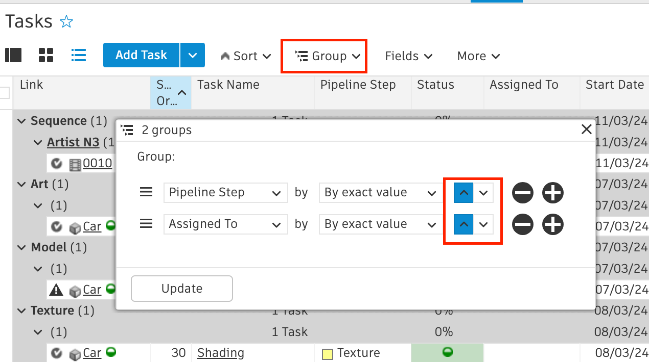 How to adjust the Advanced Group order in Flow Production Tracking