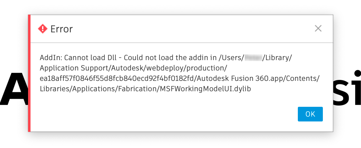"Could not load the add-in..." error message when launching Fusion