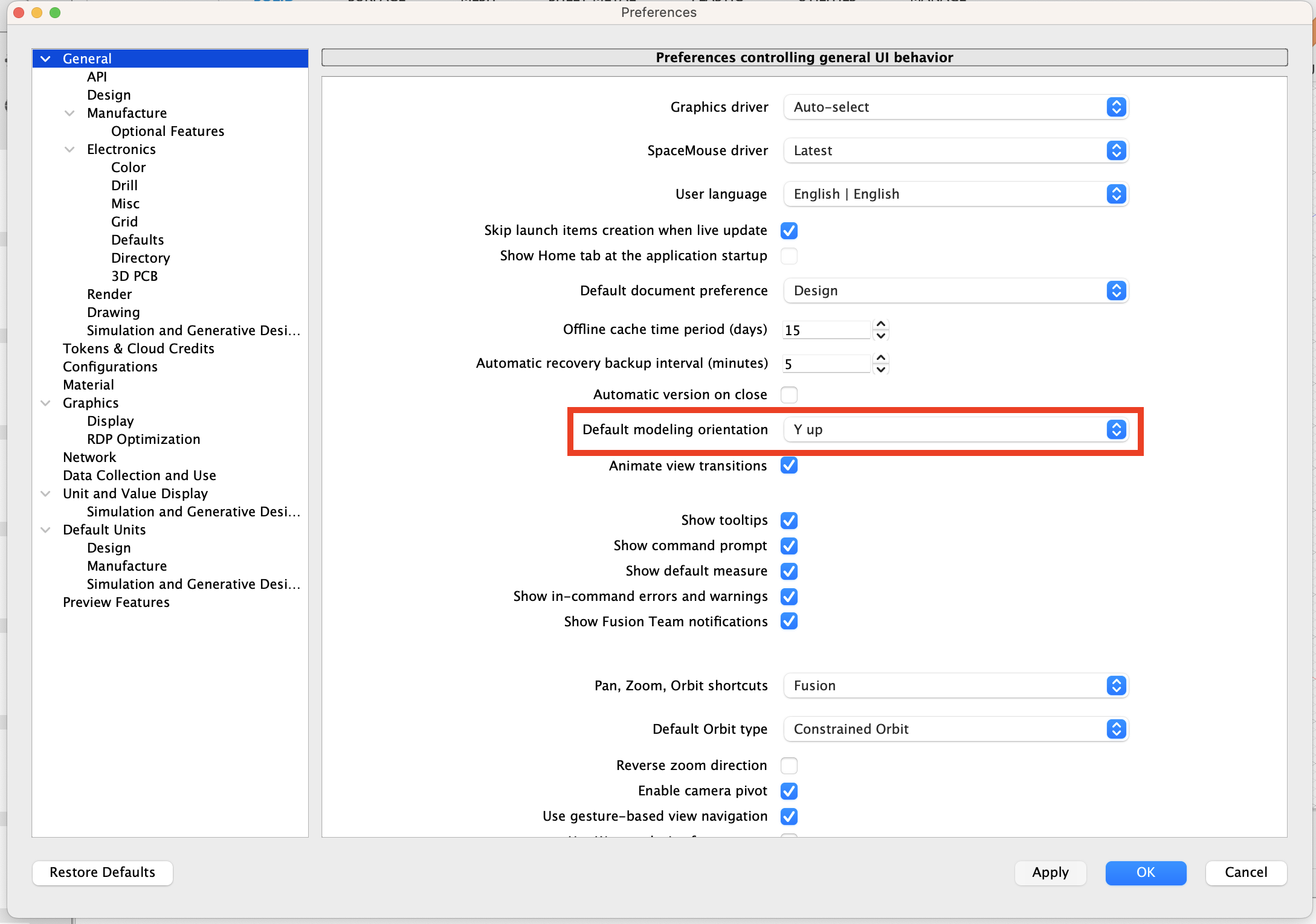 How to change which axis is up in Autodesk Fusion