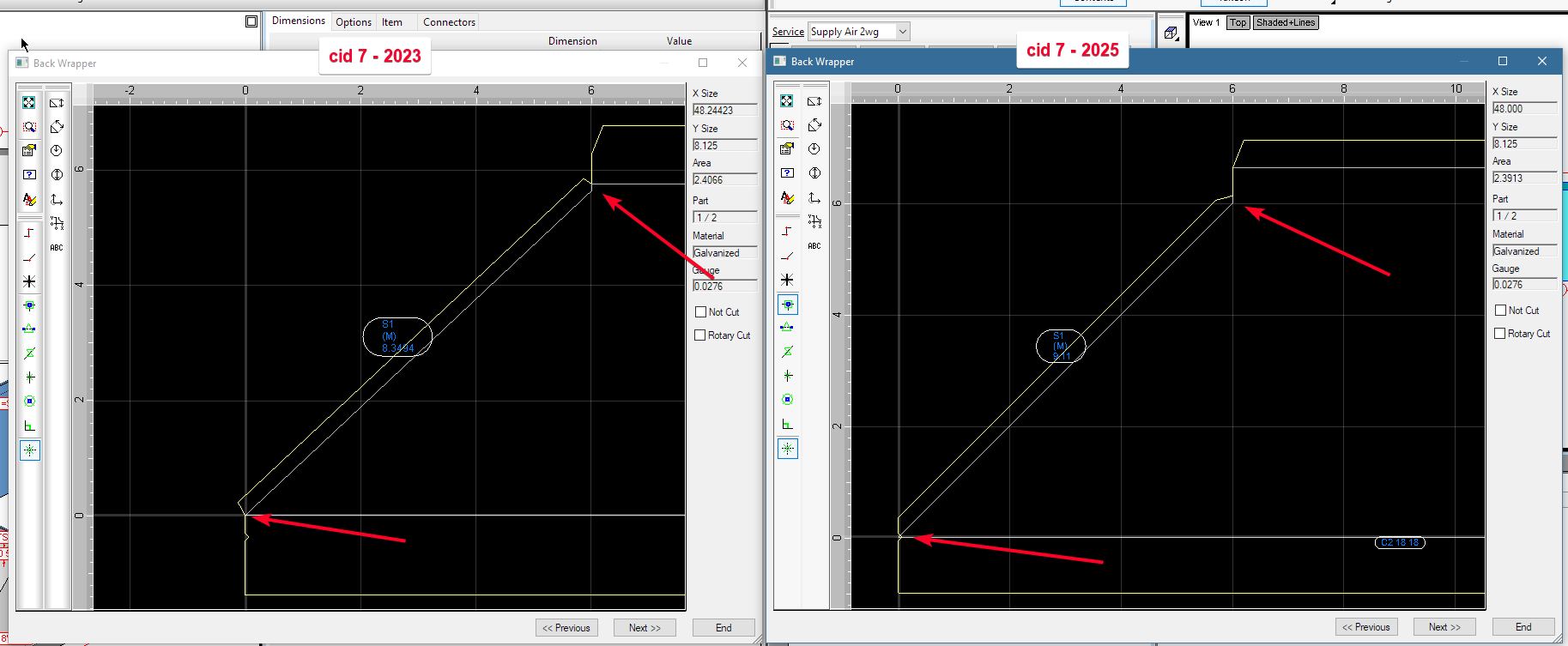 Part developments are incorrect in latest release of CAMduct