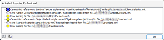 Migrierte Stilbibliothek mit Standard.xml und ObjectDefaults.xml Meldungen in Inventor