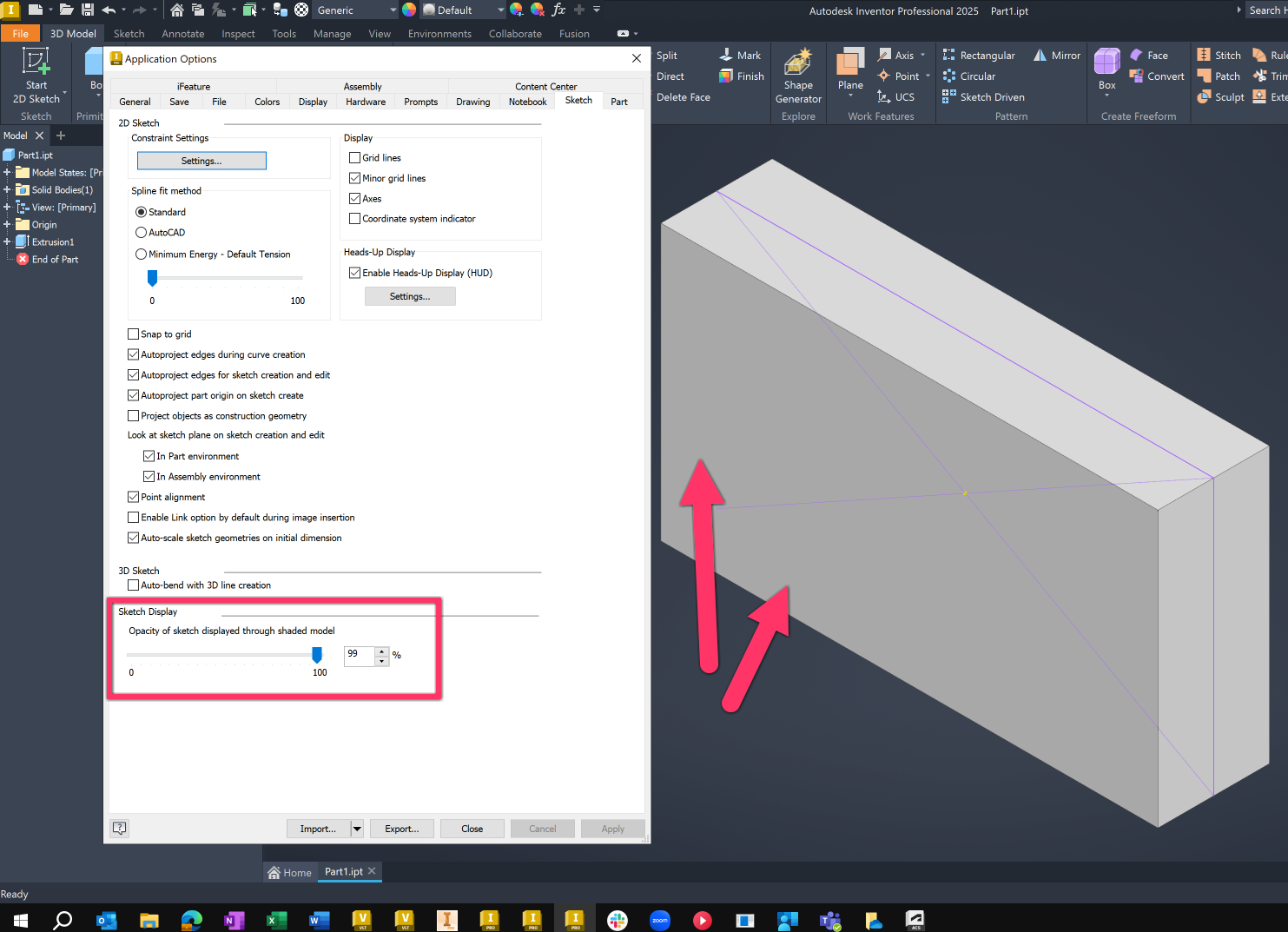 Inventorのスケッチ不透明度オプションスライダのプログレッシブな動作ではなく、オン/オフの動作です