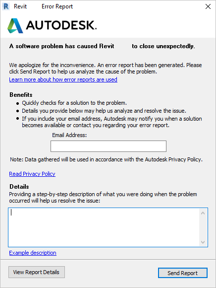 Revit crashes when syncing model to BIM 360/ACC and displays Customer Error Report (CER)