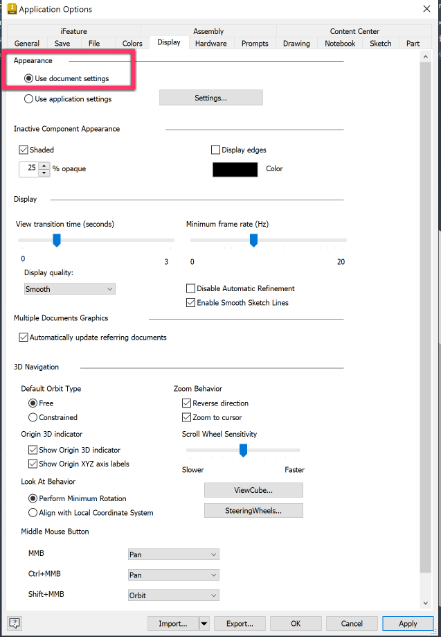 Visual Style not saved when the "Use Document Settings" option is used in Inventor