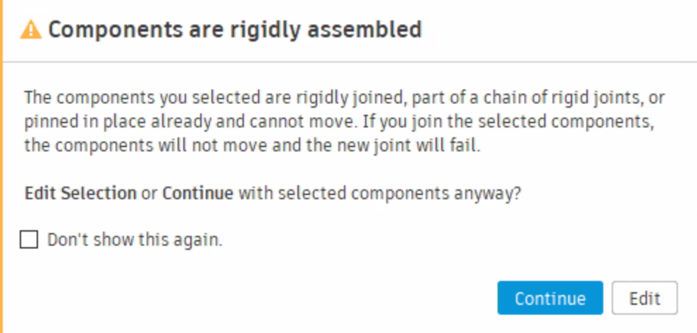 "Components are rigidly assembled" warning when creating a joint for an inserted component in ...