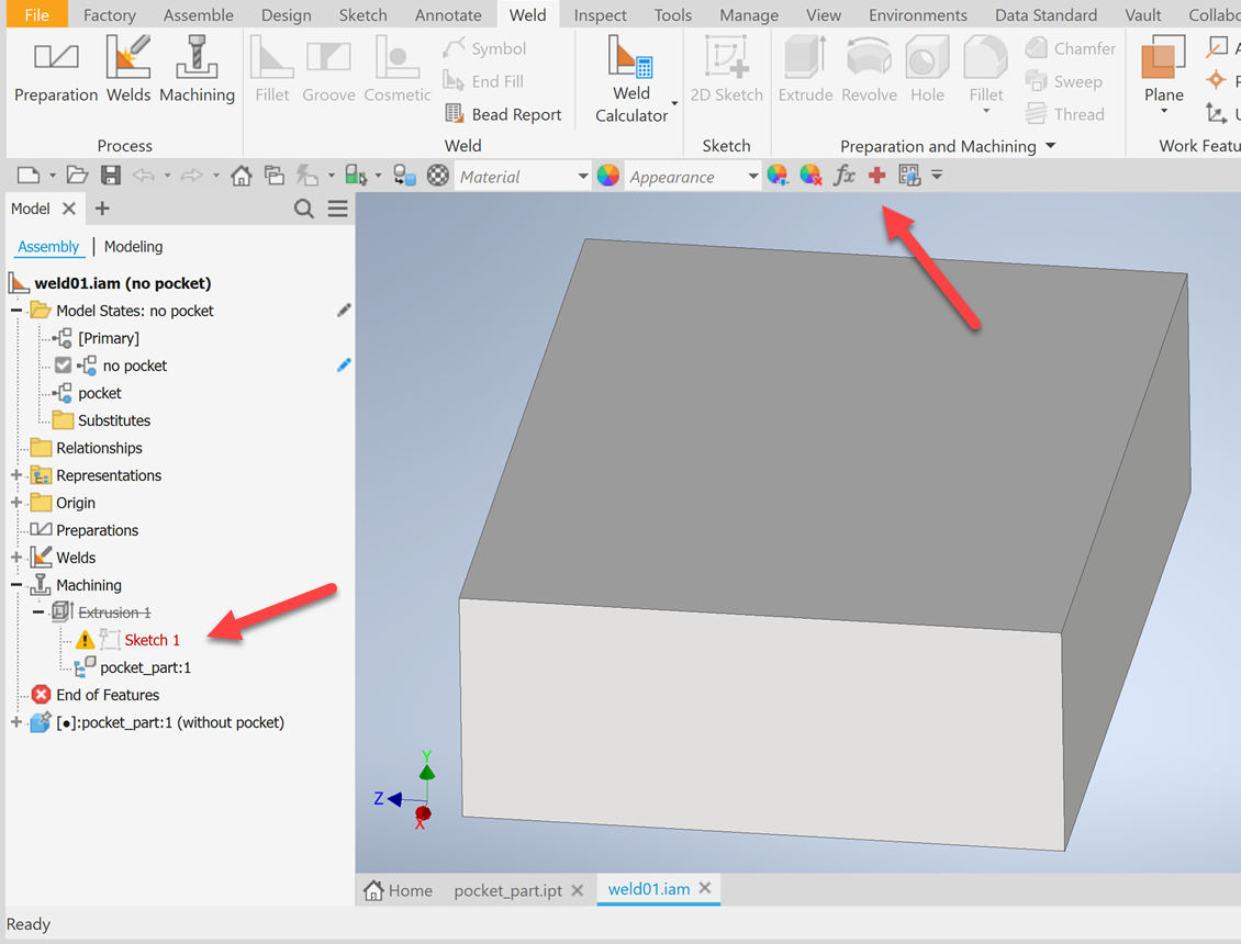 Sketches of machining features show errors when changing model states ...
