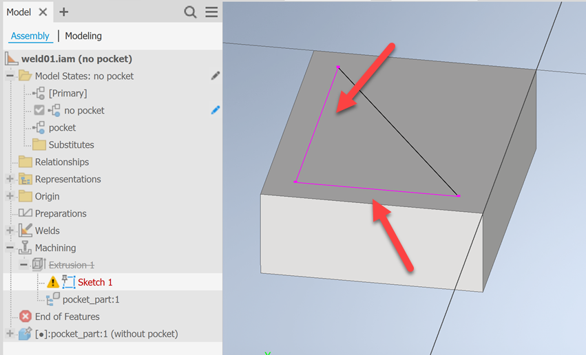 Sketches of machining features show errors when changing model states ...