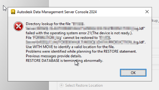 WITH MOVE clause can be used...' message and Vault restore fails