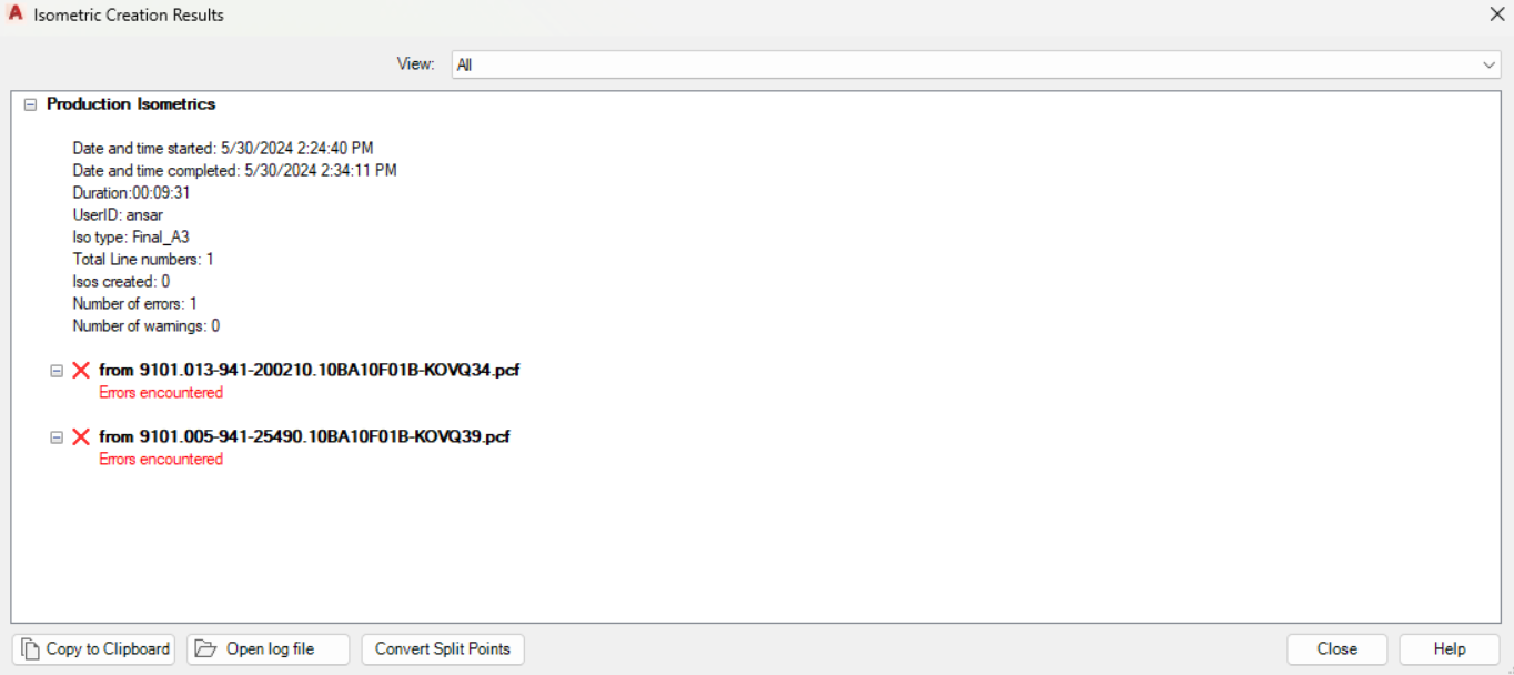 "Errors were encountered" when creating an isometric drawing in AutoCAD Plant 3D