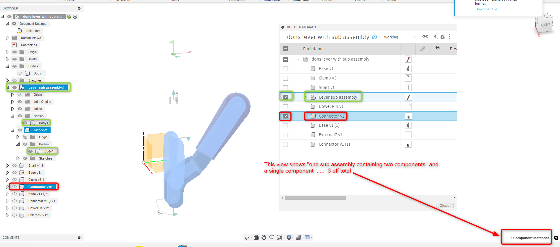 How to determine the total number of component parts within an assembly in Fusion