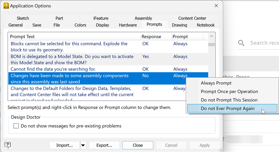 "Changes have been made to some assembly components..." message should not be shown in Inventor