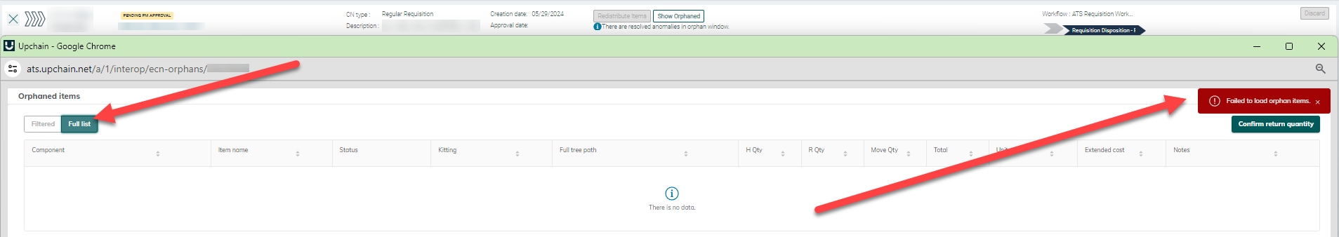"Failed to load orphaned items" error when loading Full list of ...