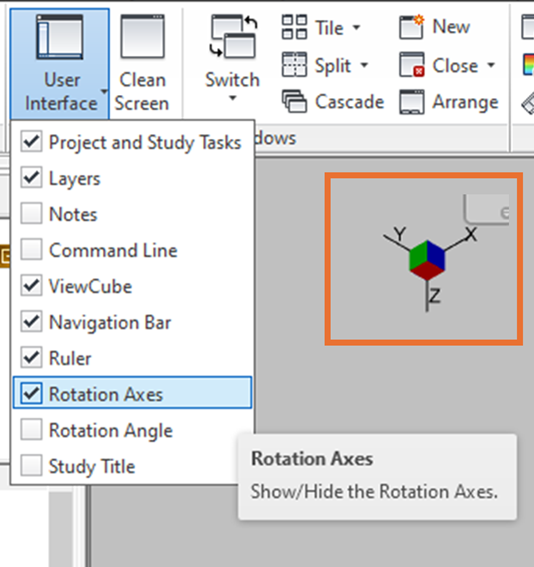Rotation Axes symbol disappears from display when results are viewed in Moldflow
