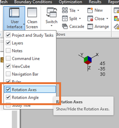 Rotation Axes symbol disappears from display when results are viewed in ...