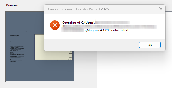 Opening drawing failed in Drawing Resource Transfer wizard for Inventor 2025