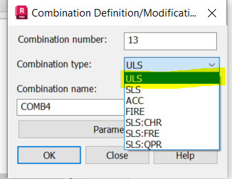 Robot Structural Analysis에서 콘크리트 기둥의 ULS, 균열 및 응력 검사에 사용되는 조합 유형