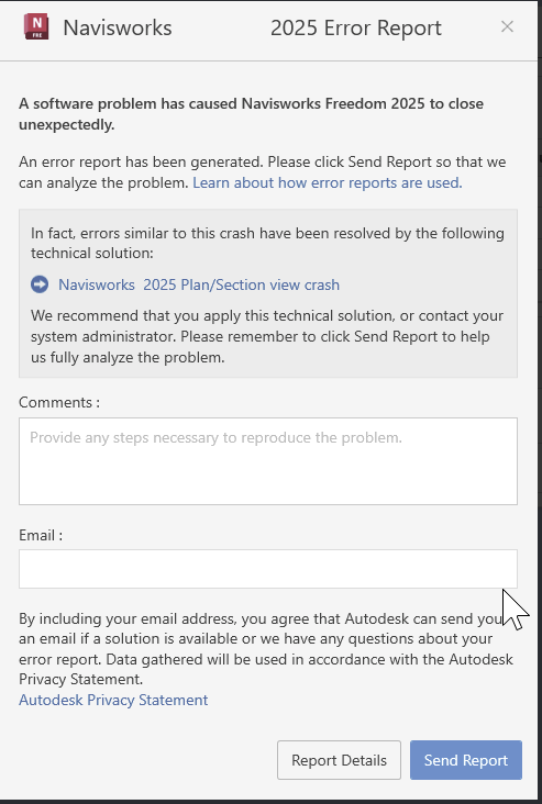 "A software problem has caused Navisworks 2025 to close unexpectedly" when opening a file in ...