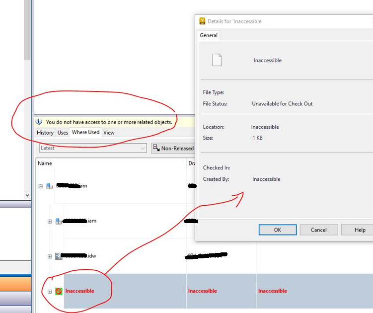 "You do not have access to one or more related objects" on Vault files and sub components shown ...