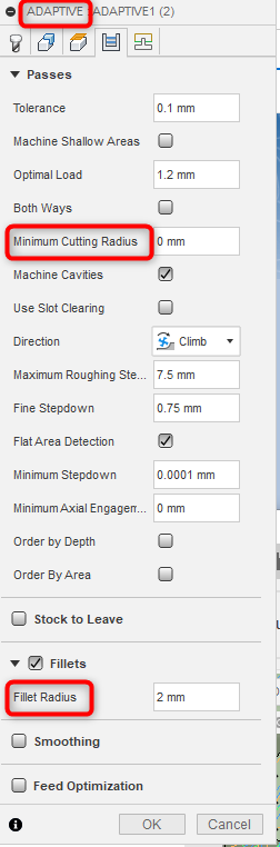 What is "Minimum cutting radius" and the "Fillet Radius" settings in the Adaptive toolpath ...