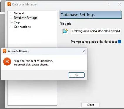 "Failed to connect to database. Incorrect database schema" error when loading tool database in ...