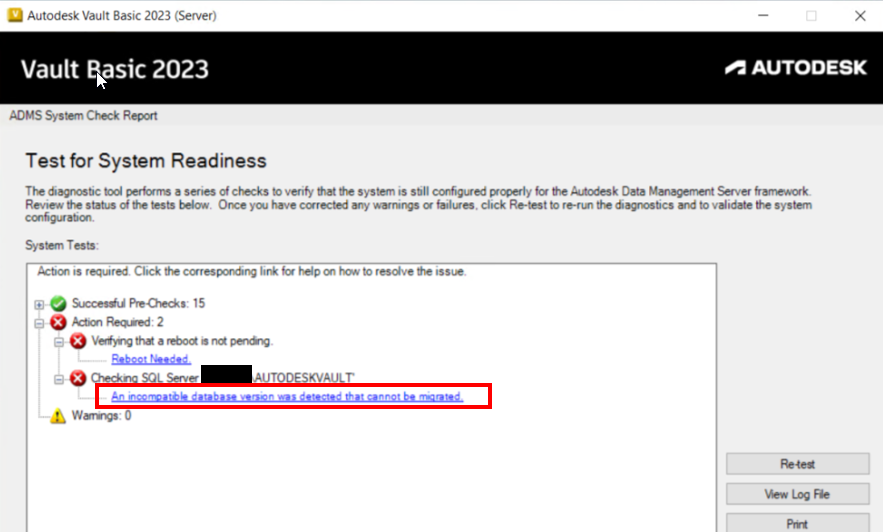 安装 Vault Server 软件时在预检查中显示“检测到不兼容的数据库版本，无法移植”