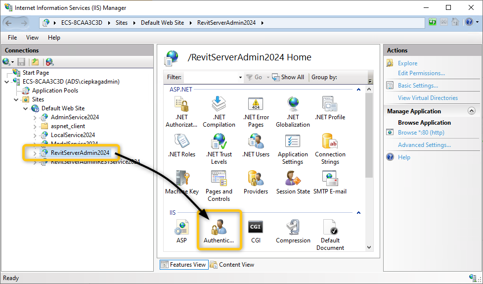 Web ブラウザからアクセスしようとすると、「Revit Server Administrator は使用できません」または「HTTP エラー 401.2」と表示される