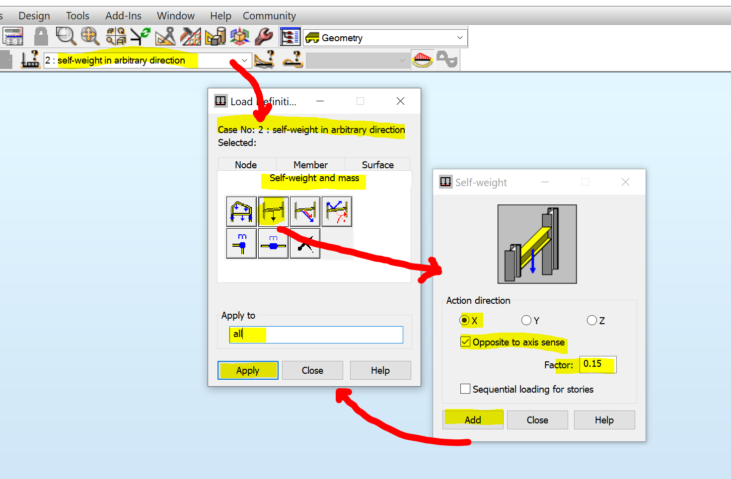 How to define self weight in arbitrary global direction with user defined reduction factor in ...