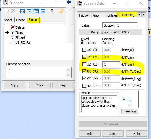 How damping is defined for planar supports in Robot Structural Analysis