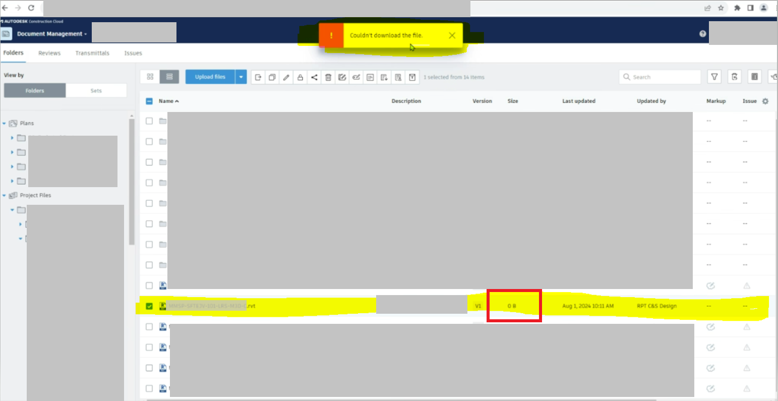 Issues with 0 kb cloud file in BIM 360