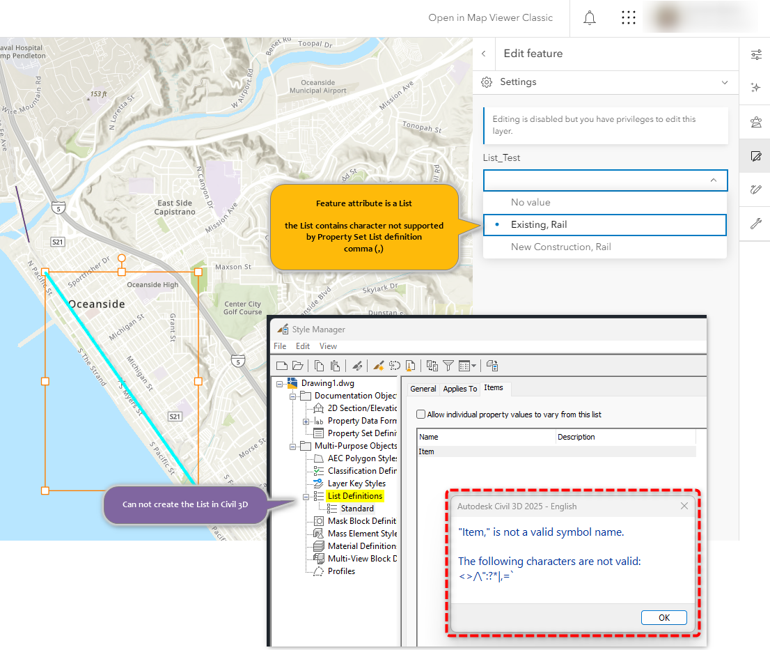 在 Civil 3d 中使用适用于 Arcgis 的 Autodesk Connector 时，特性集列表定义为空 