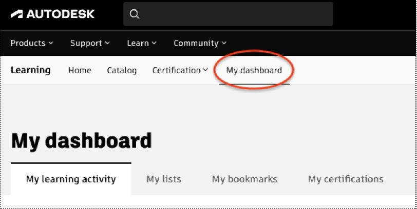 Autodesk learning and certification dashboard