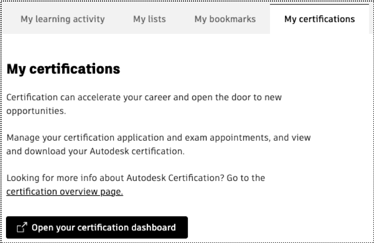Autodesk learning and certification dashboard