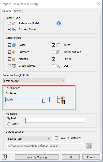 作为组合导入的 STP 格式的特定曲面模型在 Inventor 中不会缝合