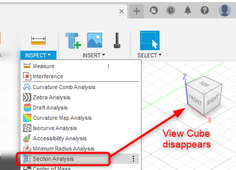 O ícone do ViewCube desaparece durante a análise de seção em Fusion.
