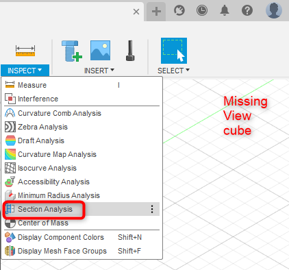 View cube icon disappearing during section analysis in Fusion.