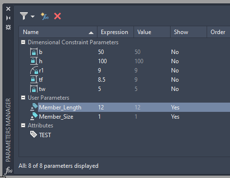 Some User Parameters for dynamic blocks are not visible on the Properties palette in AutoCAD