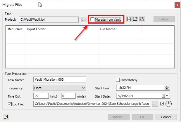 マイグレーションの実行中に、Inventor Task Scheduler による Vault へのファイルのチェックインに失敗しました