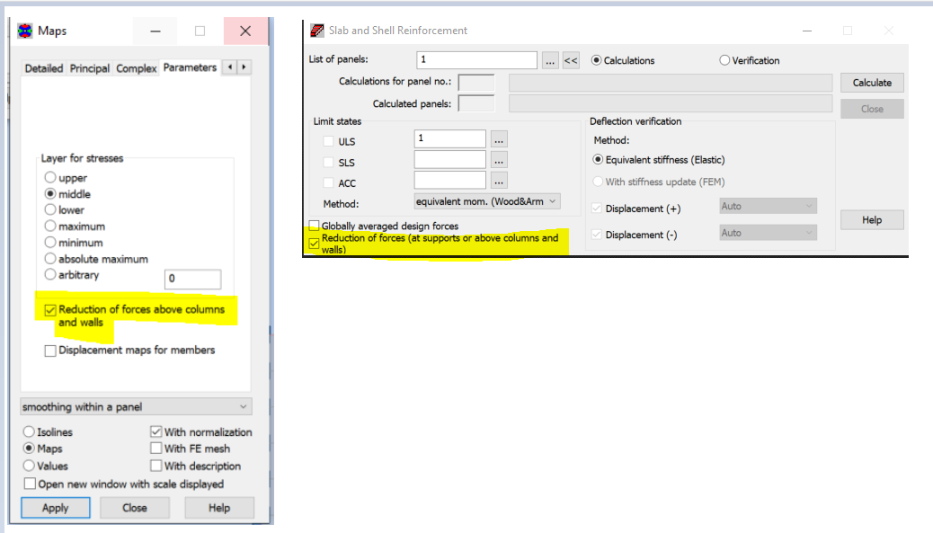 How does the option "Reduction of forces above columns and walls" work in Robot Structural Analysis