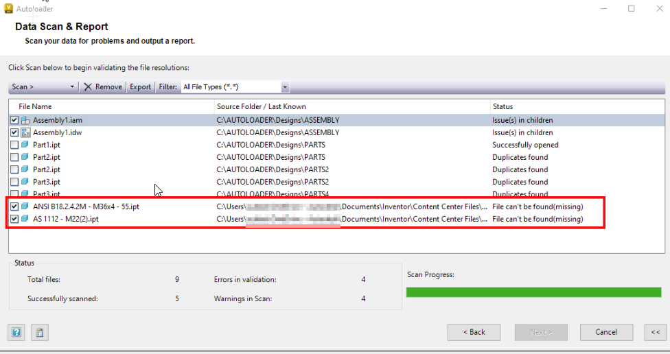 "File can't be found (missing)" for all Inventor Content Center files while scanning data with ...