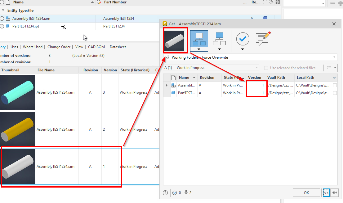 Using Open on Inventor file in Vault History tab is not opening correct versions of all files