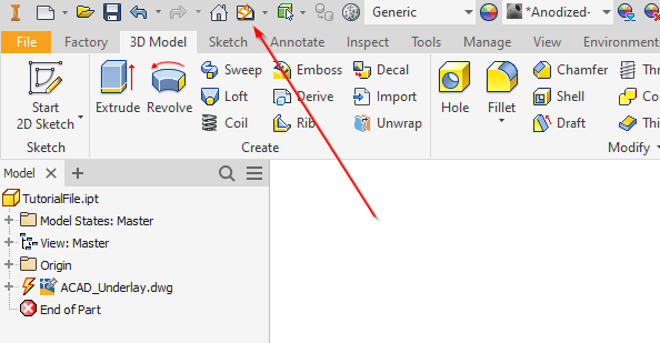 What does the yellow lightning bolt mean in the Inventor model?